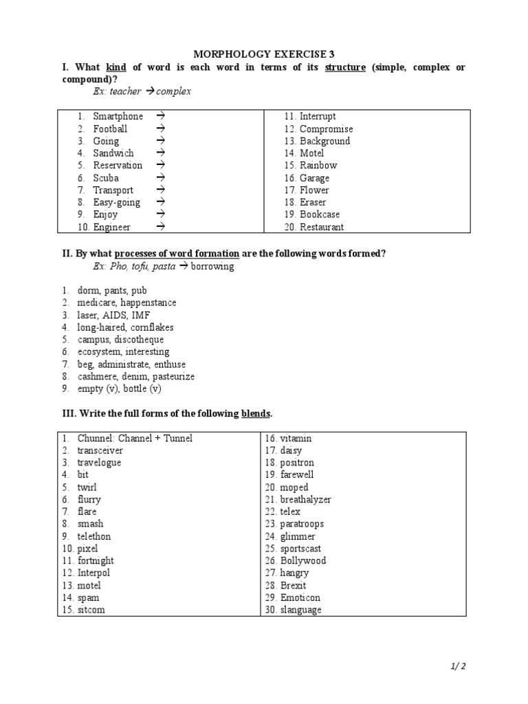 Morphology Exercise 3 - Words - VHVL | PDF | Linguistics | Linguistic ...
