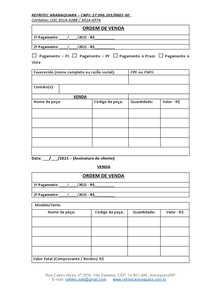 Modelo - Ordem de Venda Modelo 02 | PDF