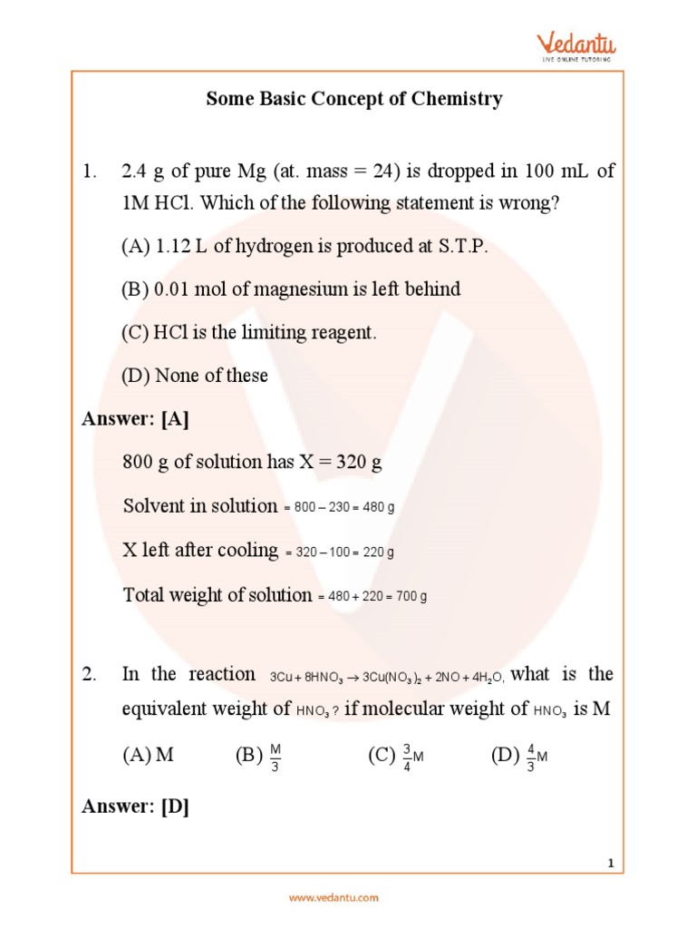 NEET Some Basic Concepts of Chemistry Important Questions | PDF | Mole ...