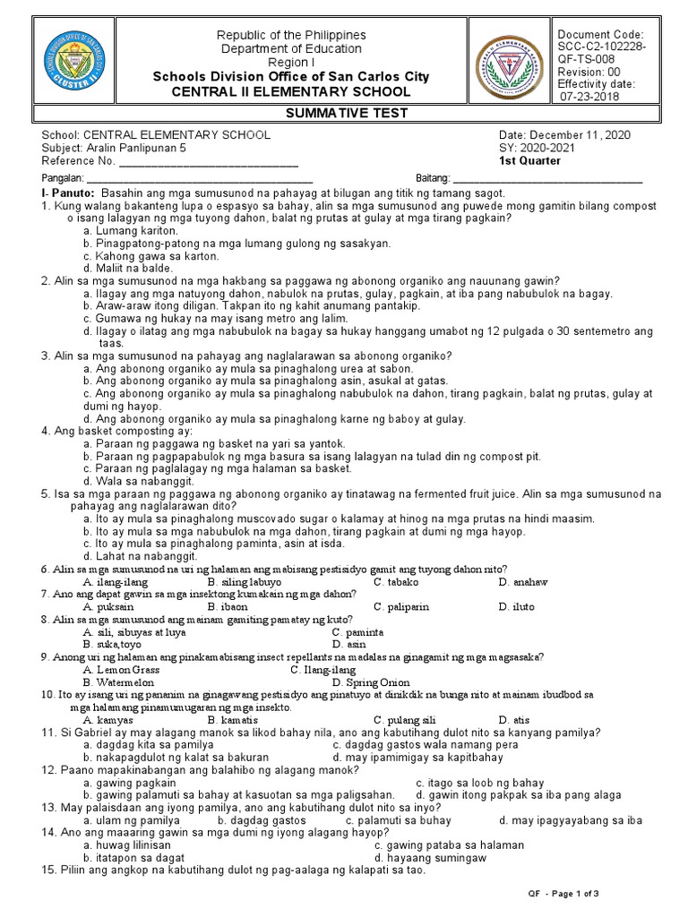 SUMMATIVE TEST QUARTER 1 - EPP 5 - TEST QUESTIONS Orig | PDF