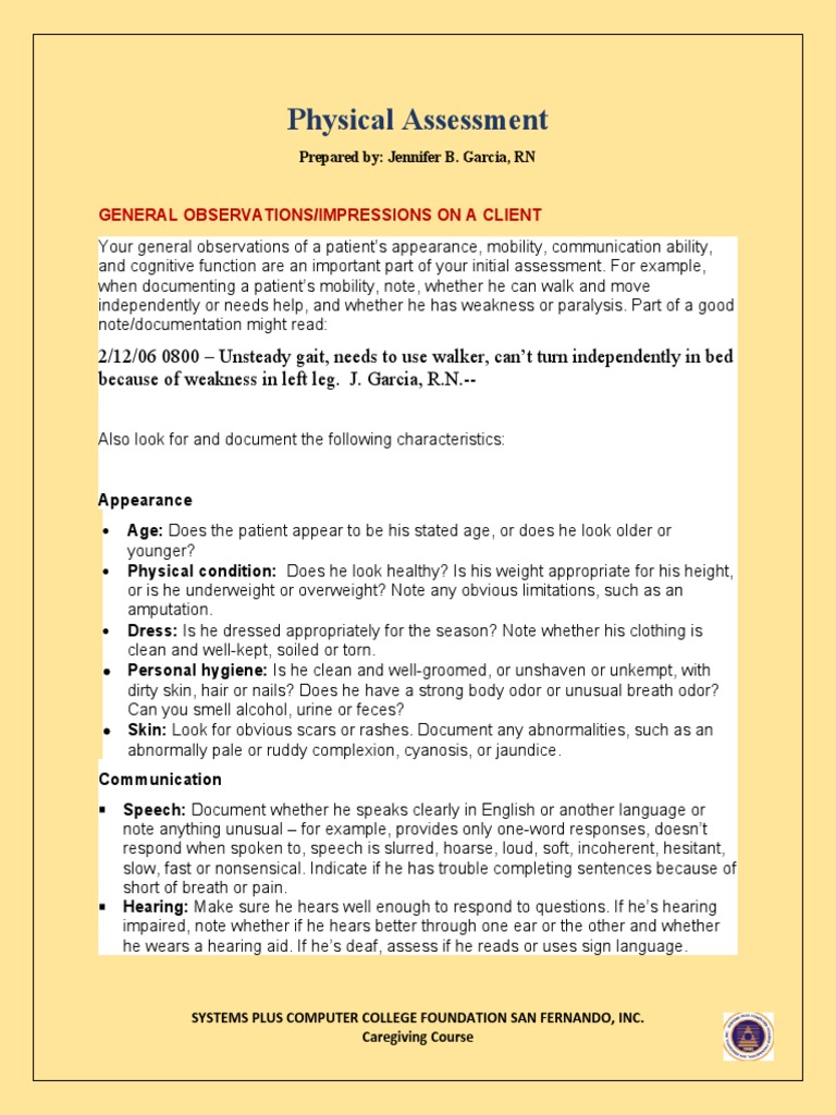 Physical Assessment - Specifics On General Observations | PDF ...
