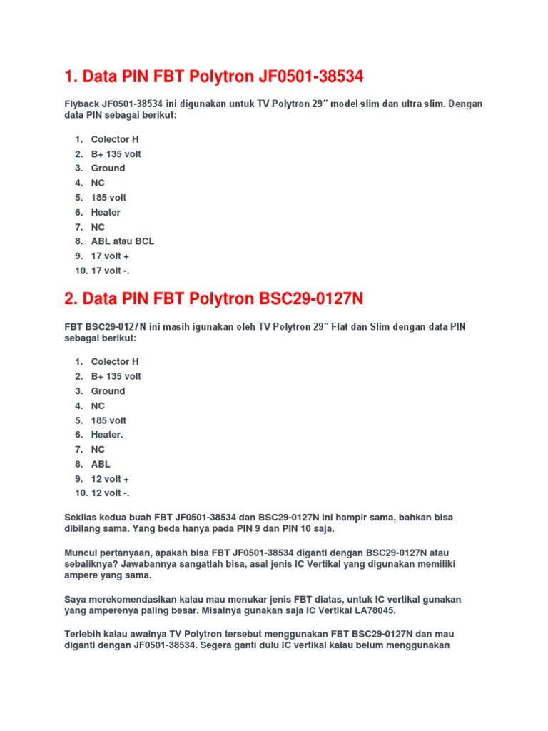 Data PIN FBT Polytron | PDF