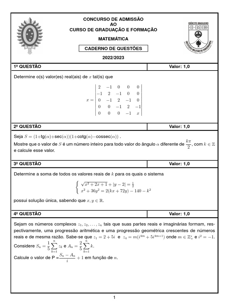 IME 2023 - 2 Fase - 1º Dia - Prova | PDF | Triângulo | Números