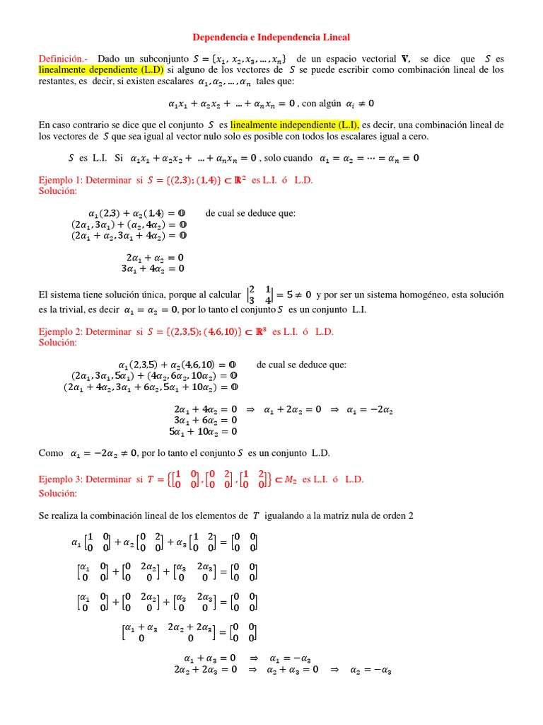 Dependencia e Independencia Lineal PDF | PDF | Espacio vectorial | Matriz (Matemáticas)