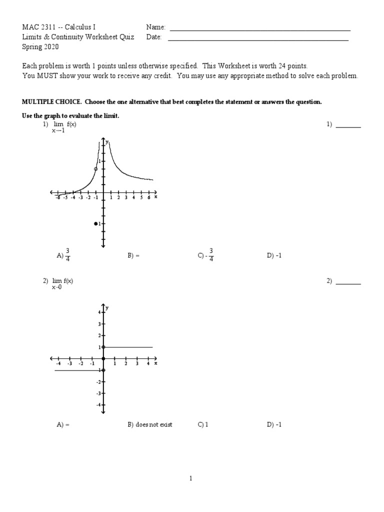 Limits and Continuity Worksheet - Spring 2020 | PDF | Mathematical ...