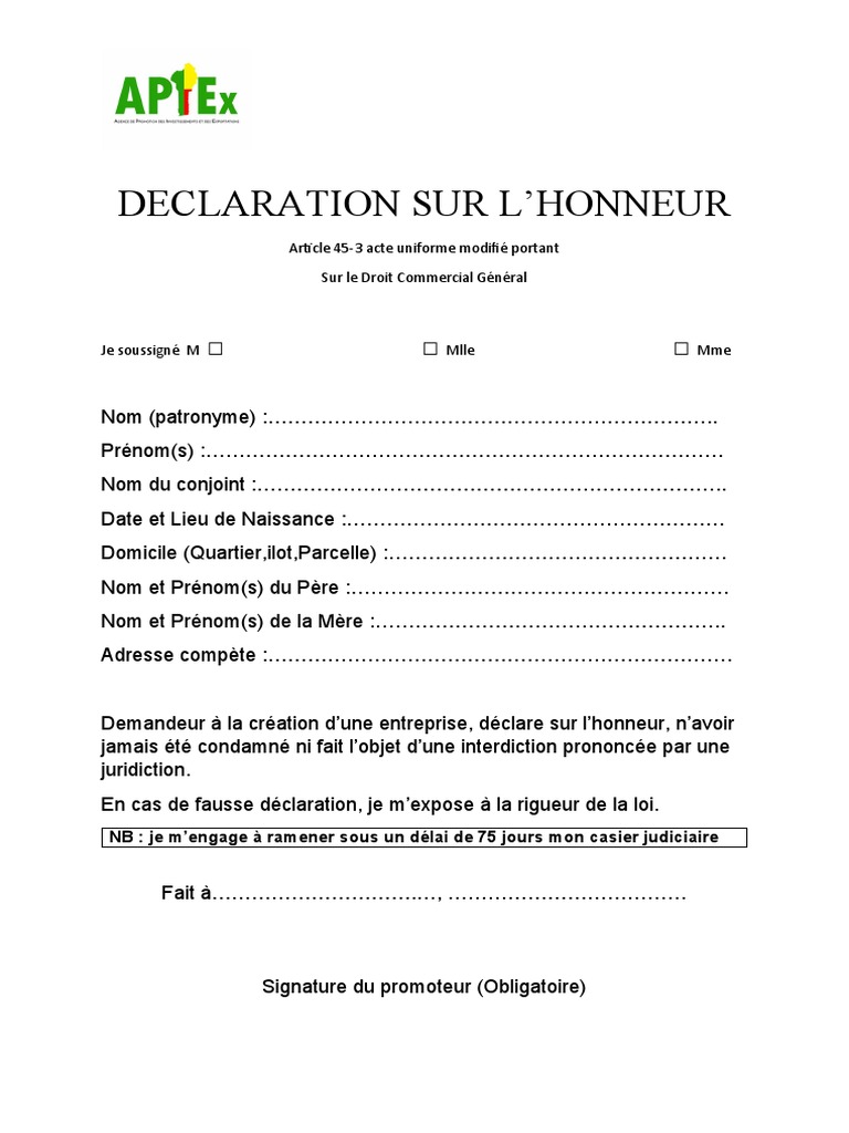 Declaration Sur L'honneur | PDF