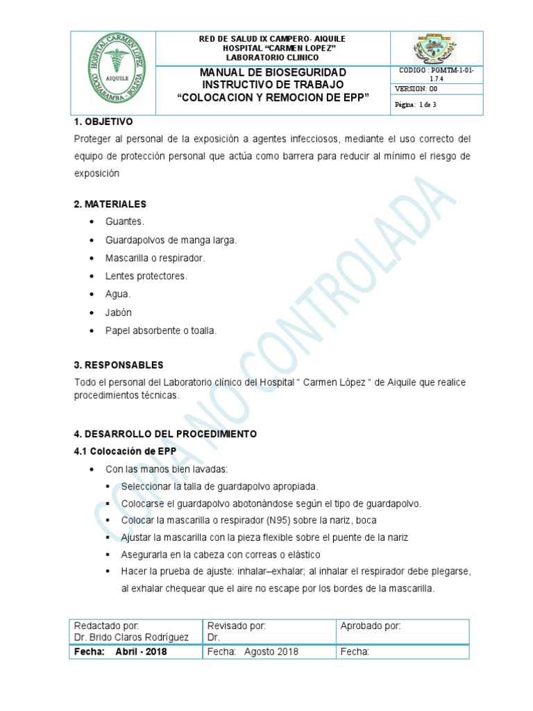 I - 1 Colocacion y Remocion de Epp | PDF | Higiene | La seguridad
