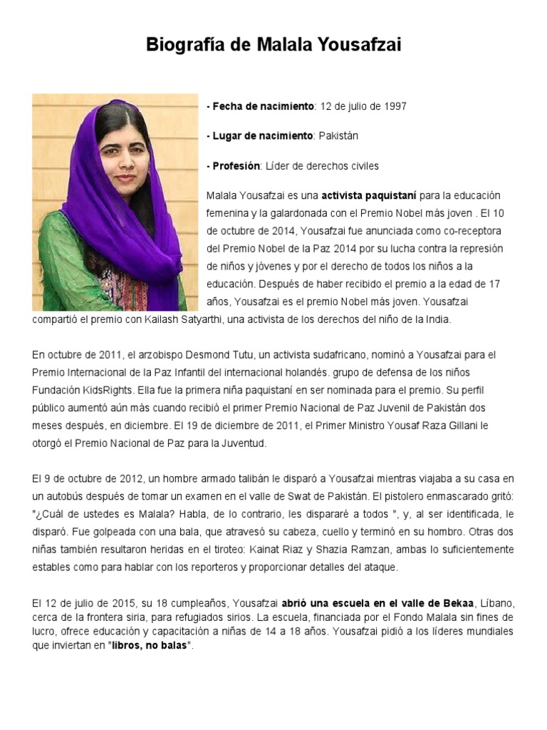 Biografía de Malala Yousafzai | PDF | Malala Yousafzai