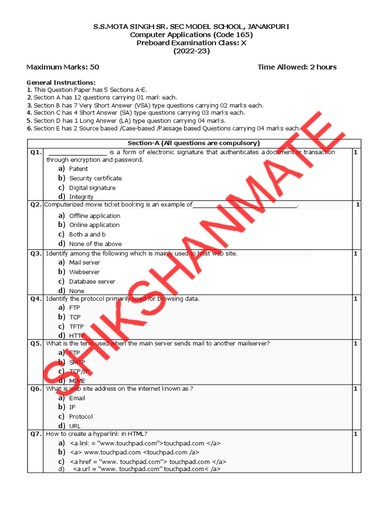 Preboard - Computer Application (165) Class 10 - Watermark | PDF | File ...
