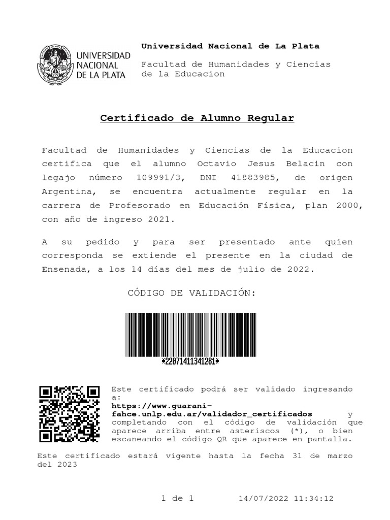 Certificado Alumno Regular | PDF