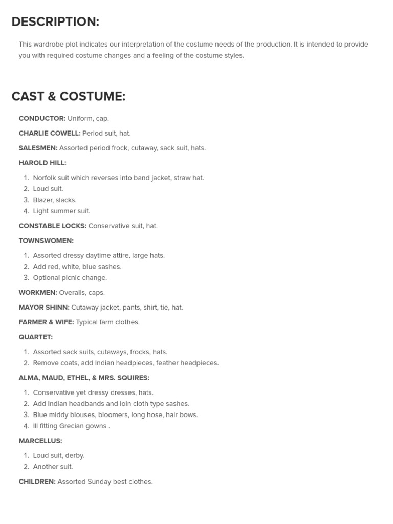 The Music Man - Main Character Costumes | PDF