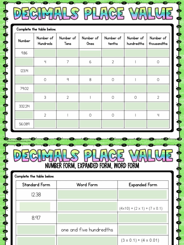 5th Decimals Place Value WS | PDF