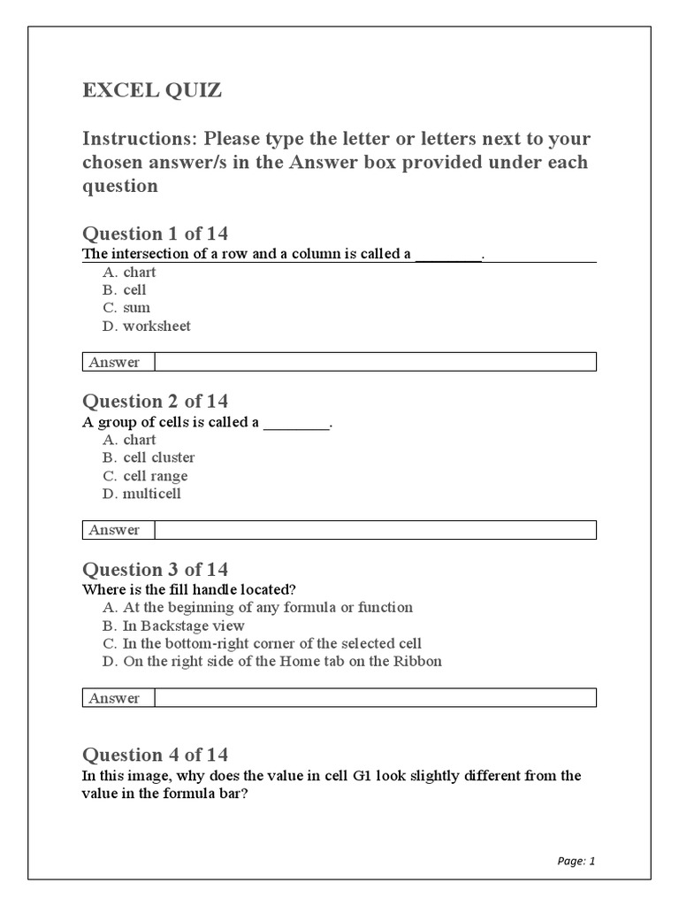 MSExcel Quiz | PDF | Applied Mathematics | Computer Science