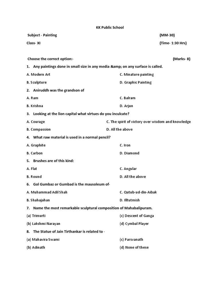 Class 11 Fine Arts Exam Paper | PDF