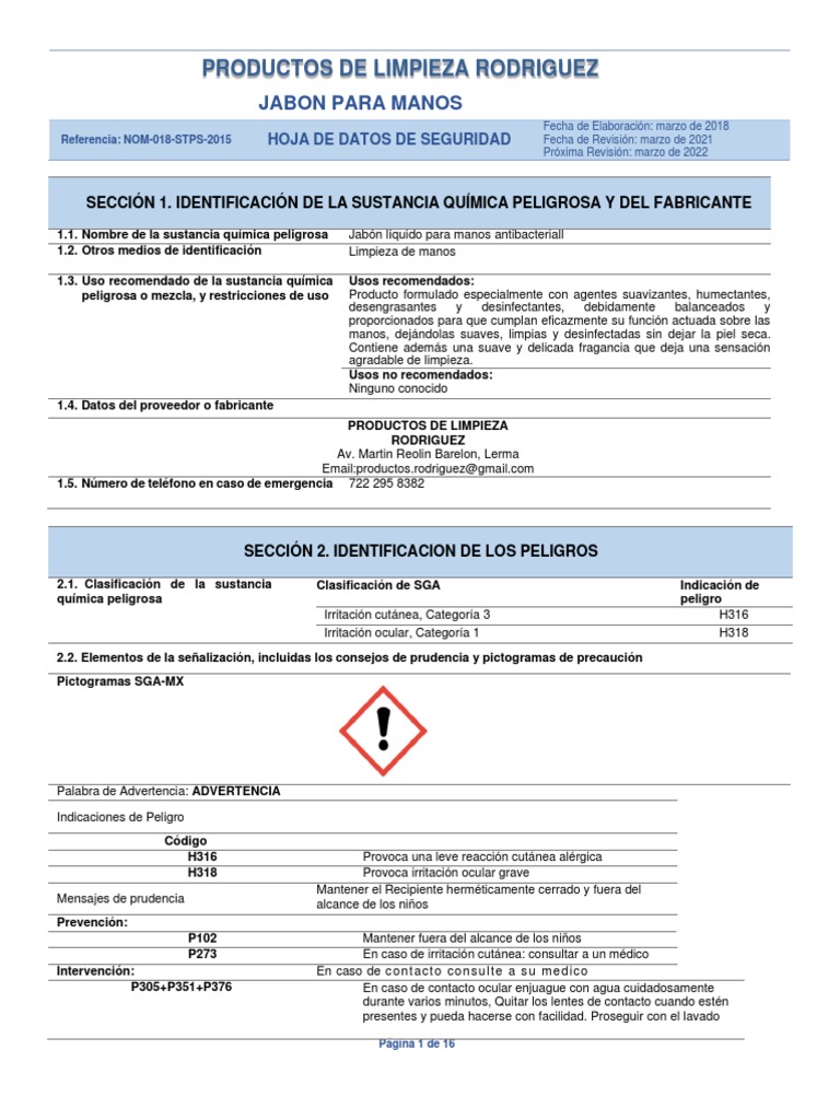 HDS - Jabon para Manos | PDF | Agua | Residuos