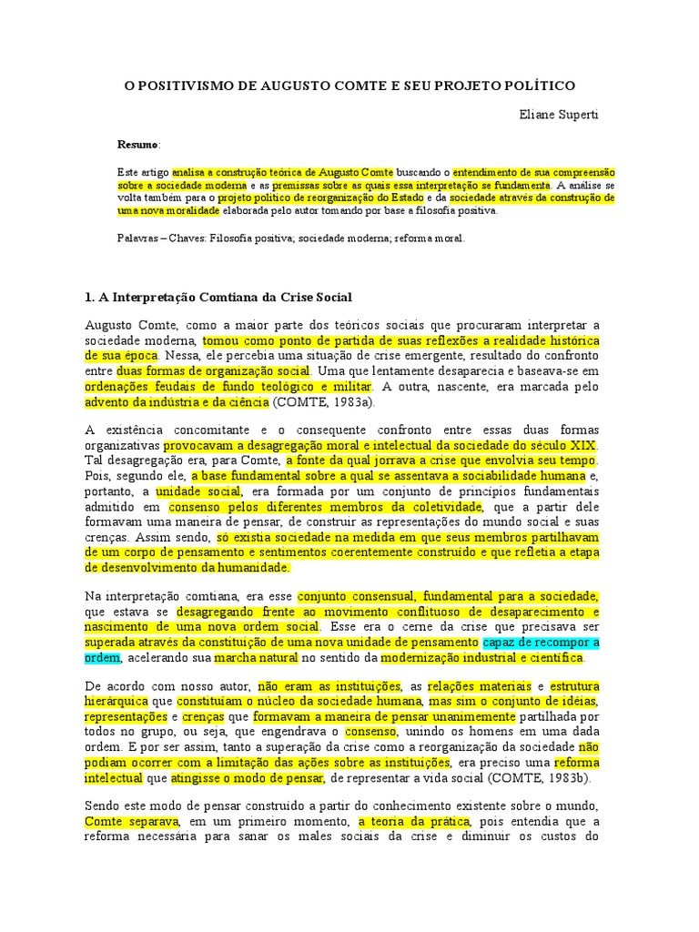 Positivismo e Projeto Político de Comte | PDF | Sociologia | Positivismo
