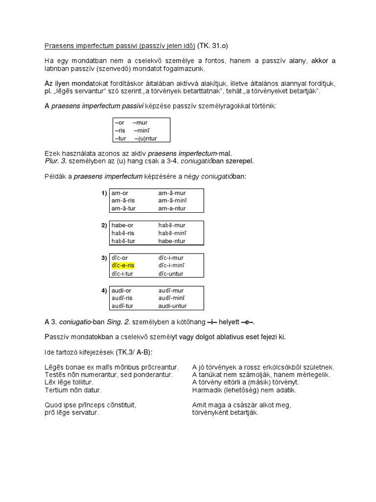 5.anyag Praesens Imperfectum Passivi 2019 Lev | PDF