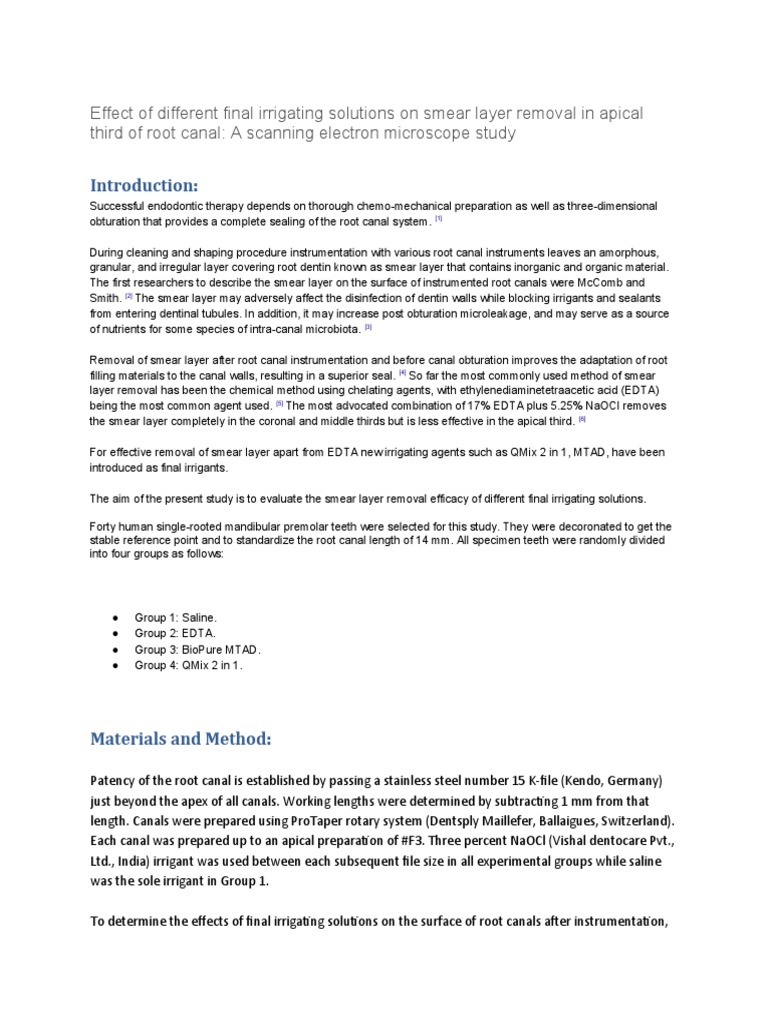 Effect of Different Final Irrigating Solutions On Smear Layer Removal ...