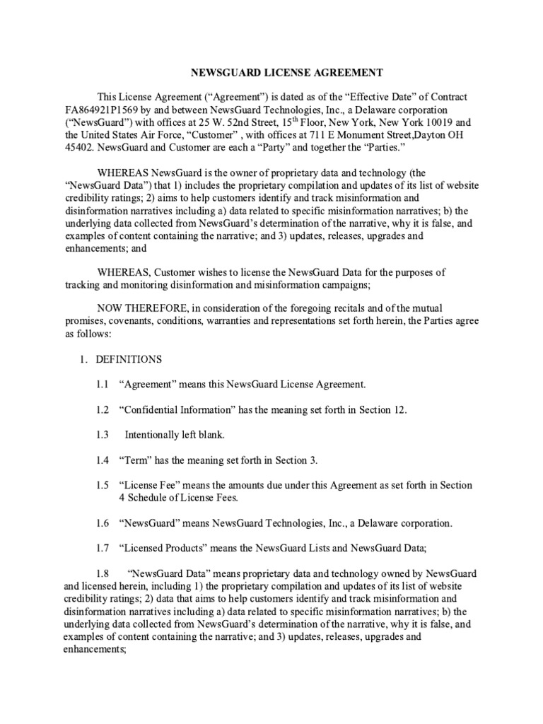 NewsGuard Standard Licensing Agreement - 2021 | PDF