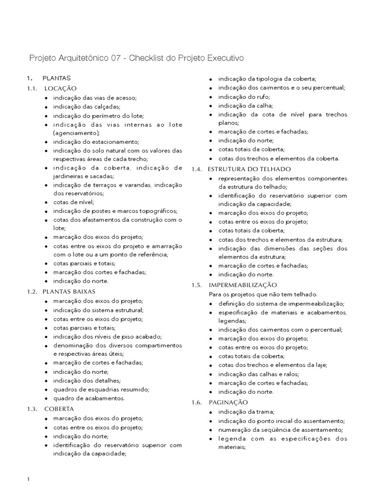 Checklist Projeto Executivo PDF | PDF | Projeto arquitetônico | Arquitetura
