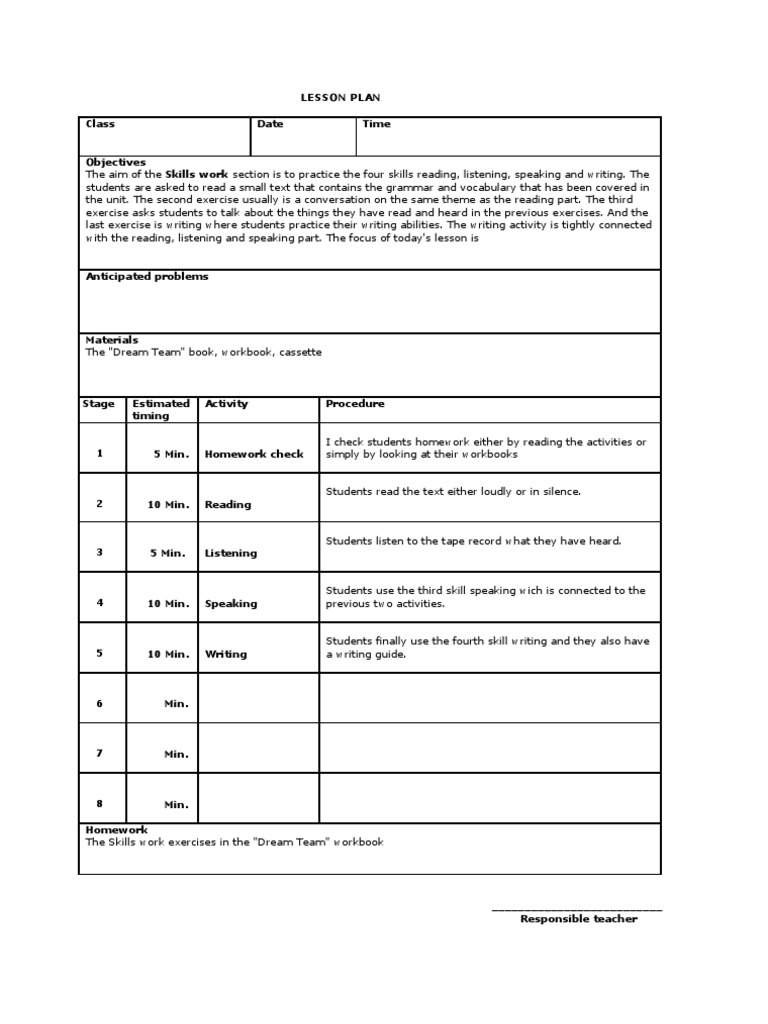 Skills Work Lesson Plan Overview | PDF