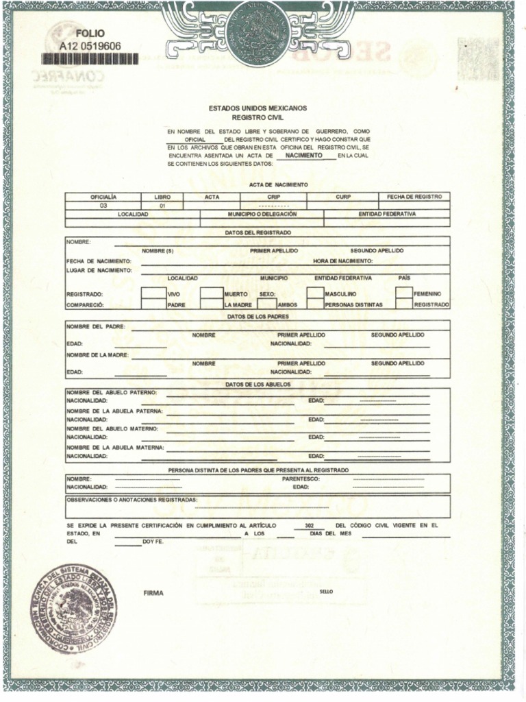 Formato de Acta de Nacimiento | PDF