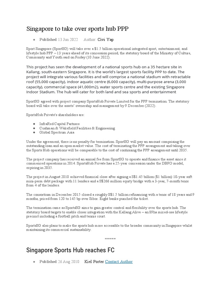 Singapore To Take Over Sports Hub PPP | PDF | Loans | Debt