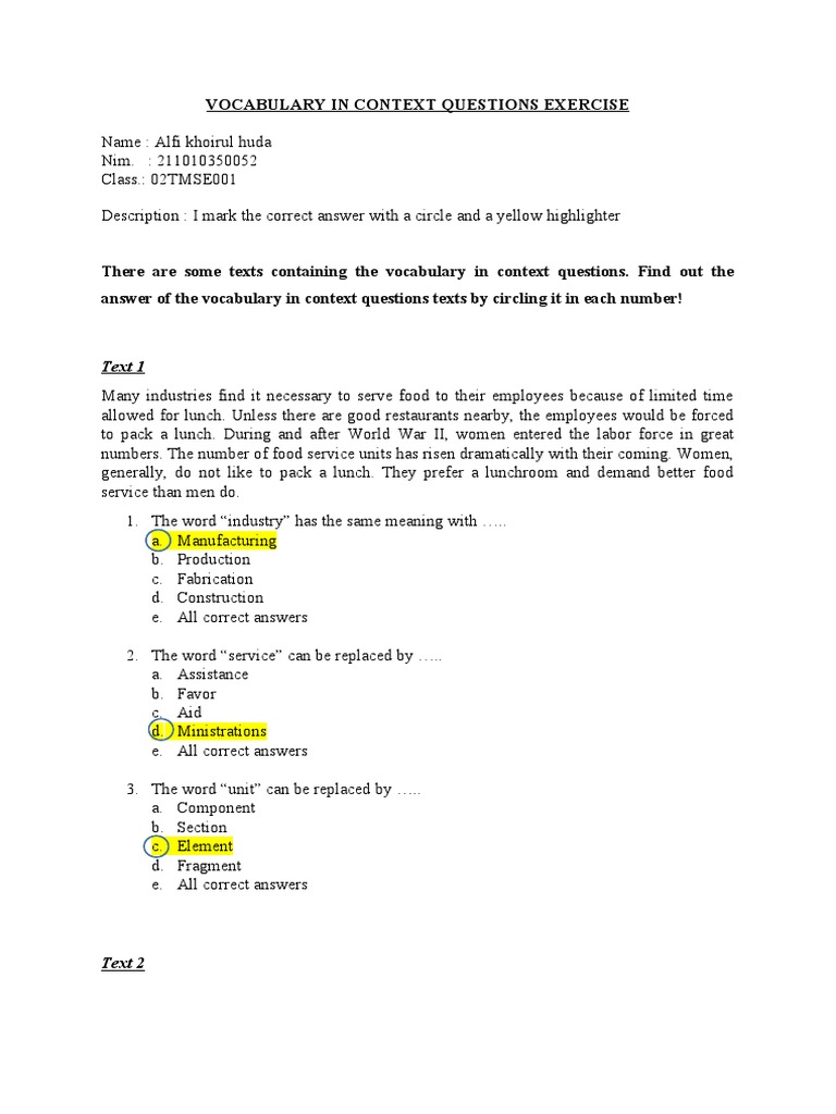 Vocabulary in Context Questions Exercise | PDF | Money | Trade