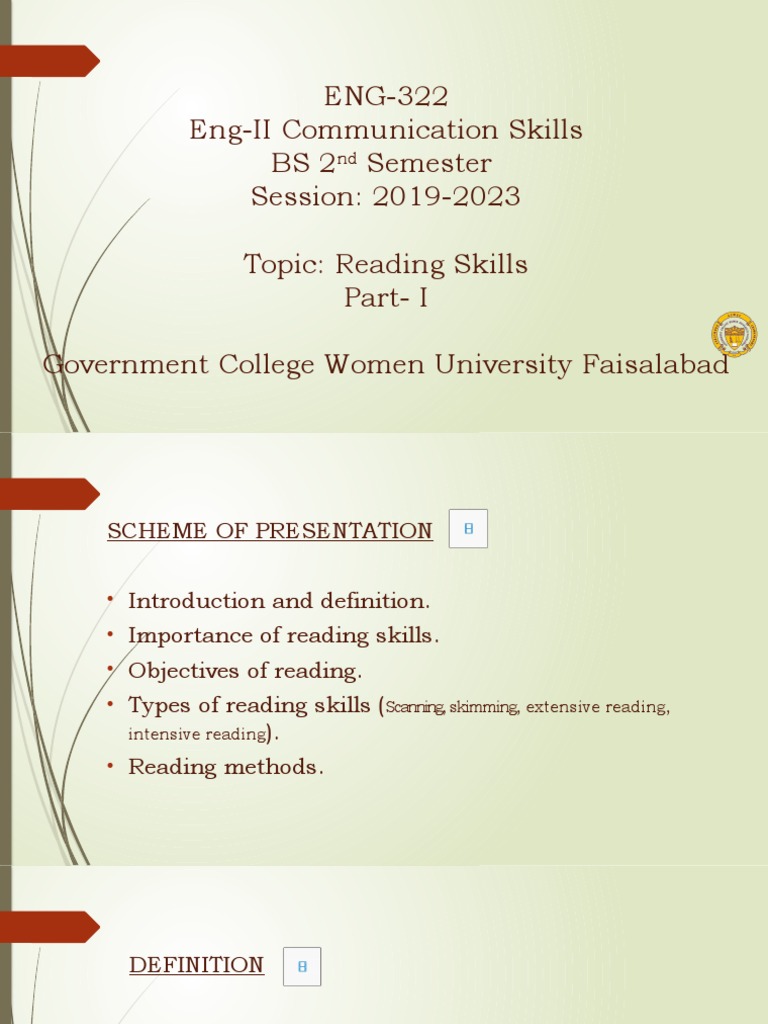 ENG-322 Reading Skills Lecture 1 | Download Free PDF | Speed Reading | Communication