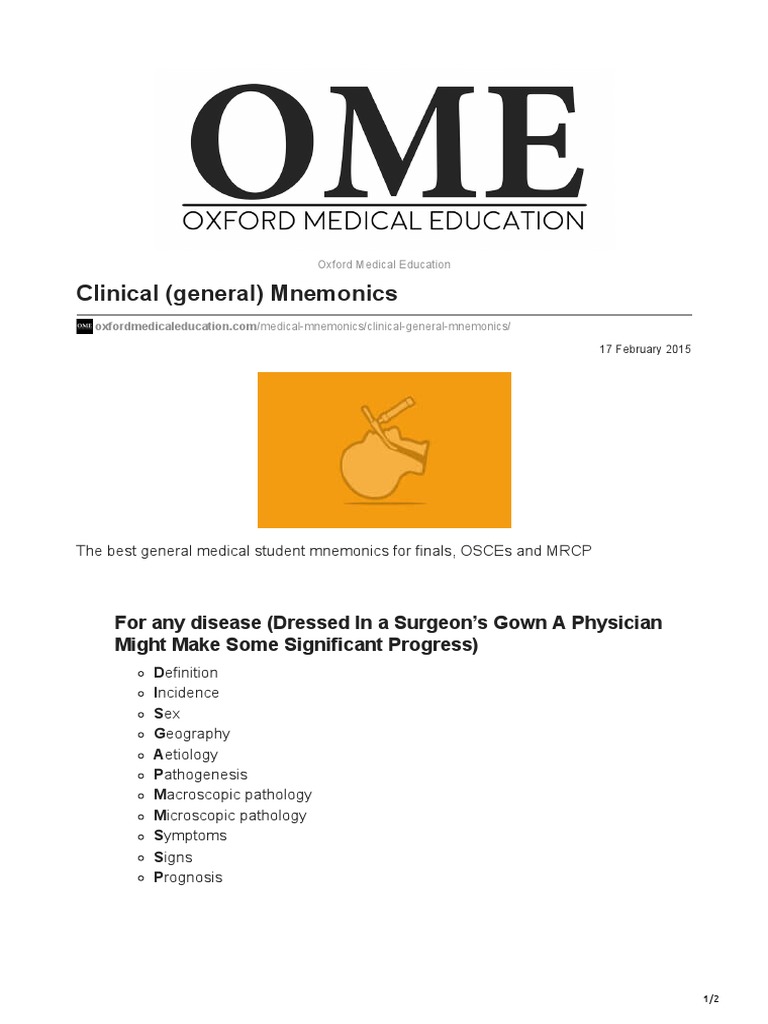 Clinical General Mnemonics | PDF