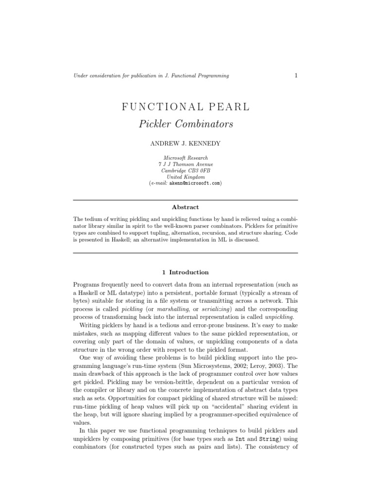 Functionalpearl Pickler Combinators: Under Consideration For Publication in J. Functional ...