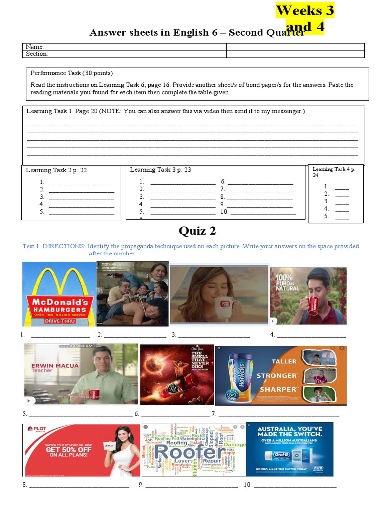 Answer Sheets in English 6 QUIZ 2 q2 | PDF