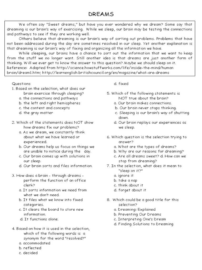 Set D GR 6 English | PDF | Dream | Brain