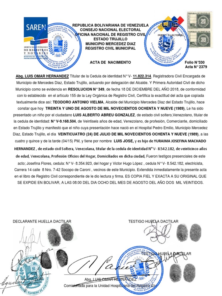 Acta de Nacimiento Luis J | PDF | Venezuela | Gobierno