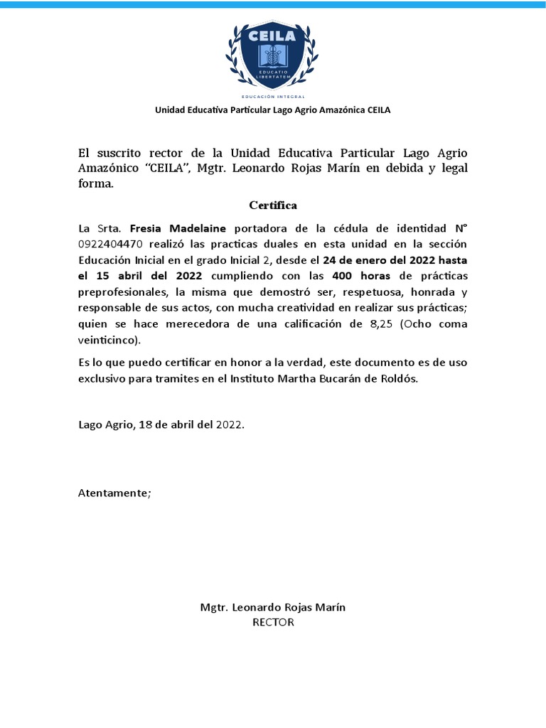 Certificación de Prácticas CEILA Lago Agrio | PDF