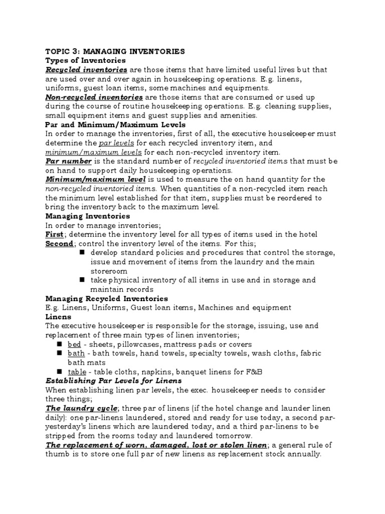 Topic 3 Managing Inventories | PDF | Linens | Inventory Topic 3 Managing Inventories | PDF | Linens | Inventory