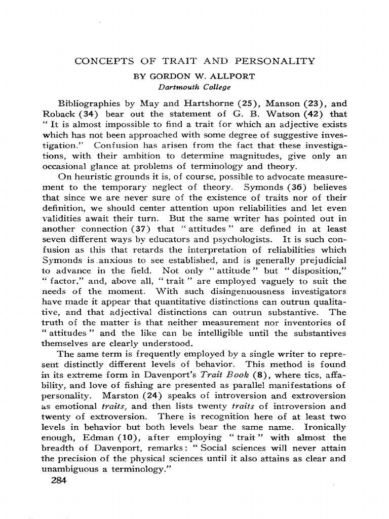 Allport 1927 Conceptof Traitand Personality | PDF | Attitude ...