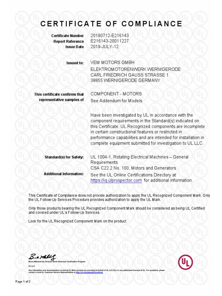 UL Certificate - Component Motors | PDF | Safety