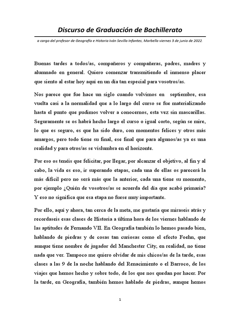 Discurso Graduacion Bachillerato | PDF