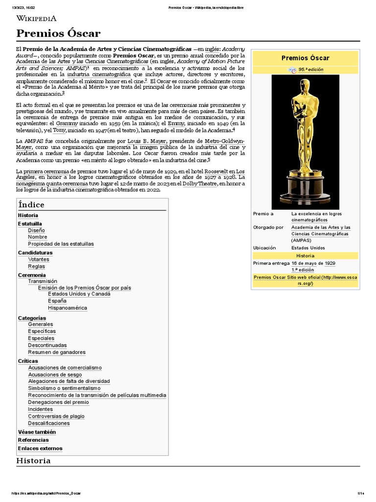 Premios Óscar - Wikipedia, la enciclopedia libre | PDF | premios de la ...