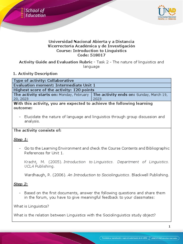 Activity Guide and Evaluation Rubric - Task 2 - The Nature of Linguistics and Language | PDF ...