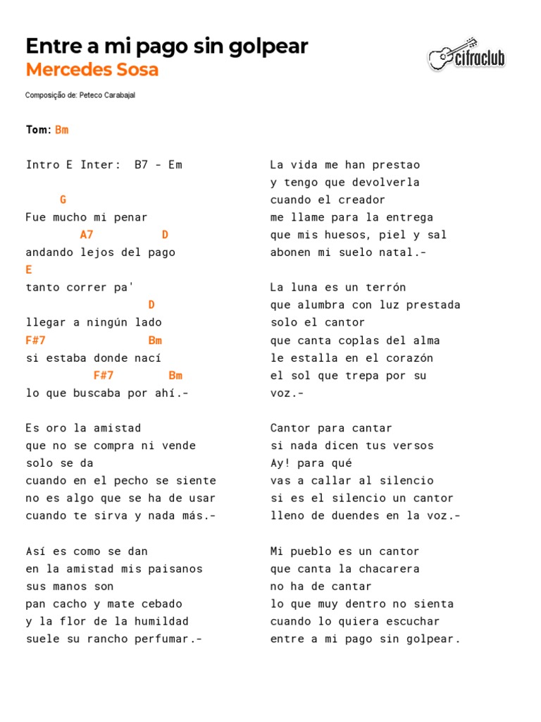 Cifra Club - Mercedes Sosa - Entre a mi pago sin golpear | PDF