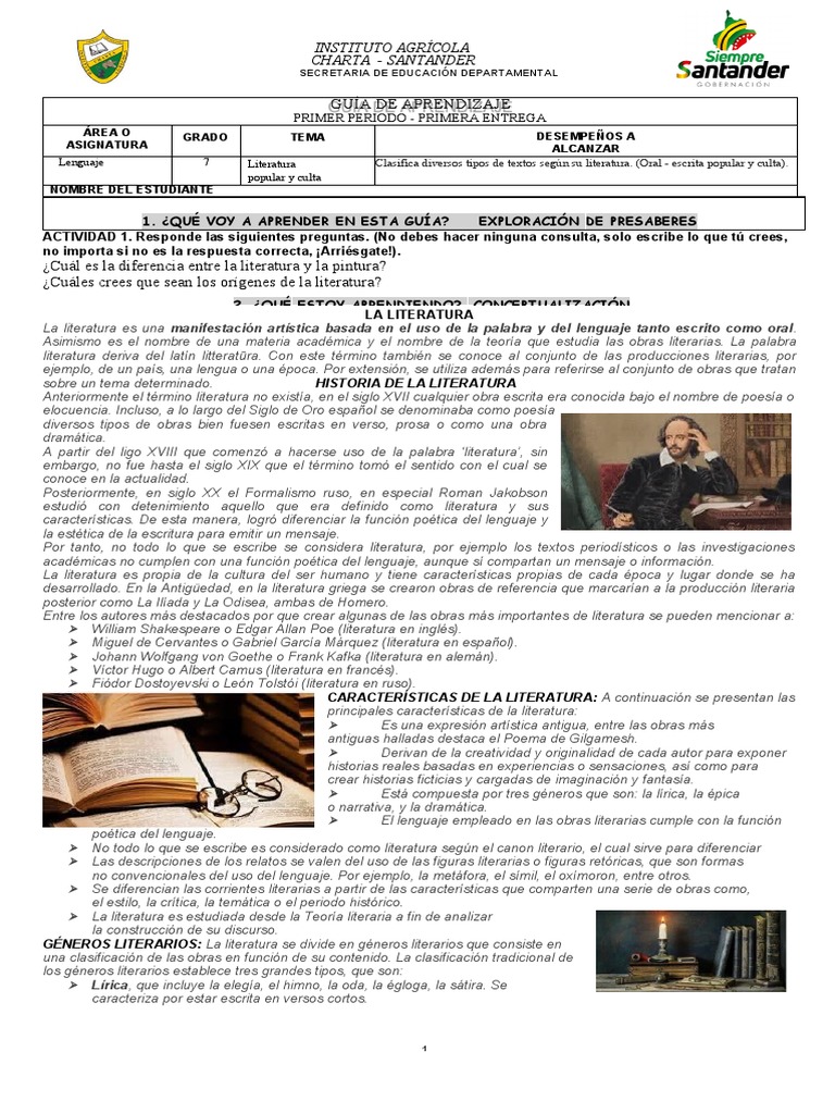 Guía 1 Séptimo - Primer Periodo | PDF | Poesía