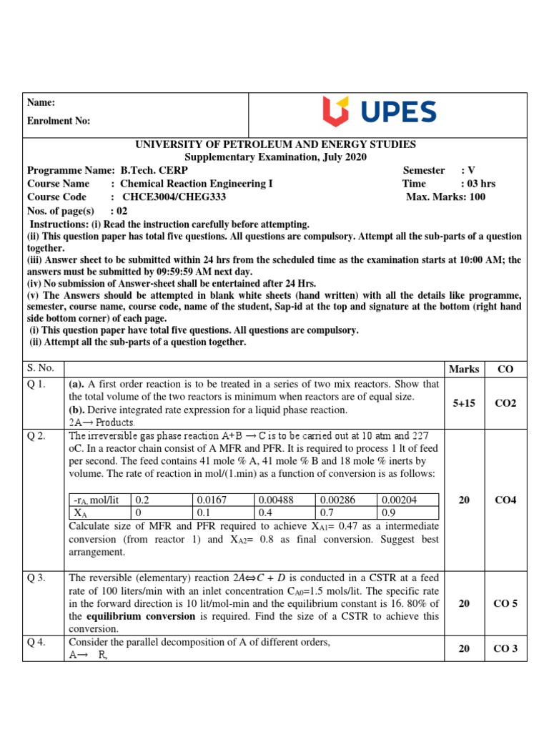 CHCE 3004 CHEG 333 Chemical Reaction Engineering I QP 2020 SUPPLIMENTRY - AM PDF | PDF ...