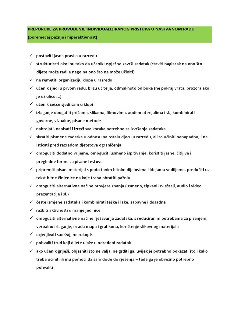 Poremecaj Paznje I Hiperaktivnost - Preporuke Za Individualizirani ...