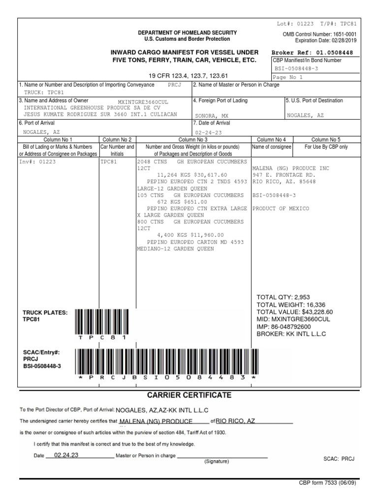 Broker Ref: 01.0508448 Inward Cargo Manifest For Vessel Under Five Tons ...