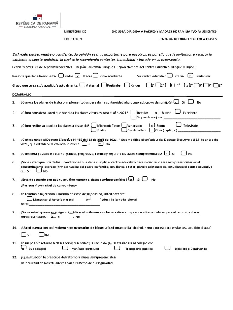 Encuesta Padres de Familia | PDF | Educación de la primera infancia
