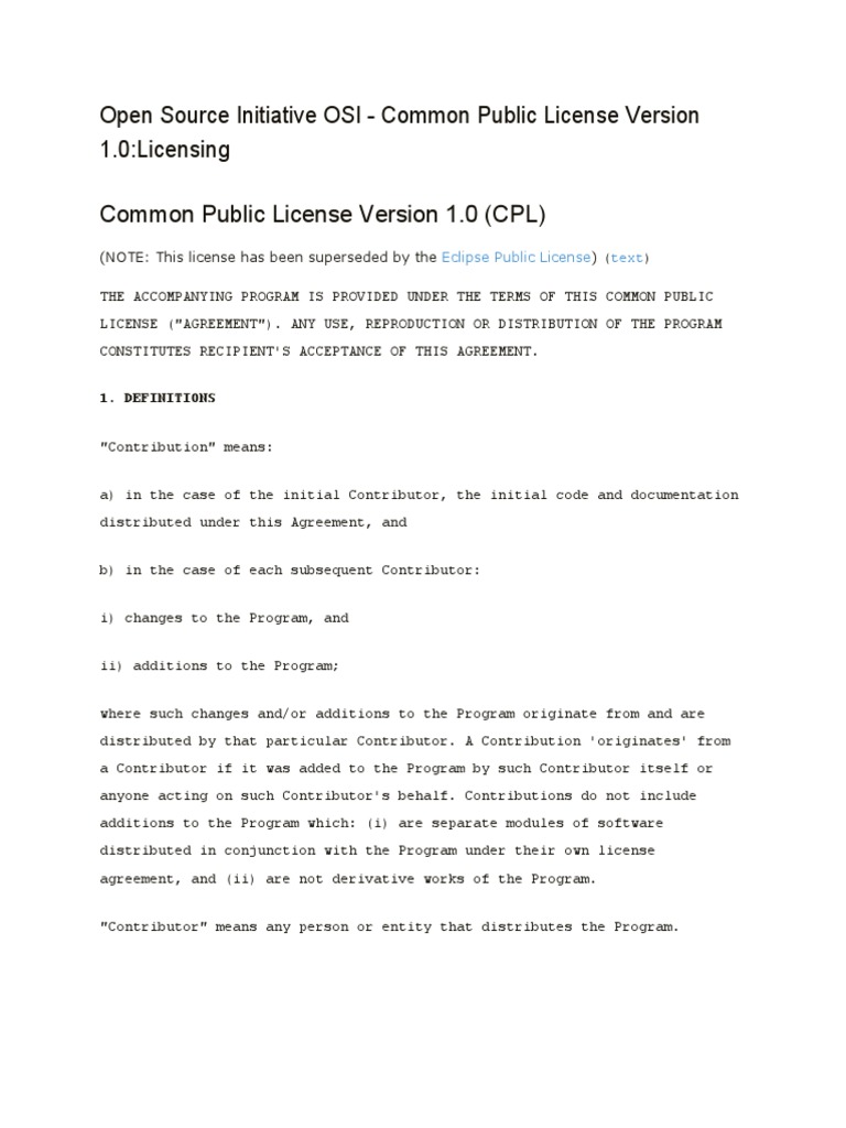 CPL 1.0 License - English | PDF | License | Indemnity