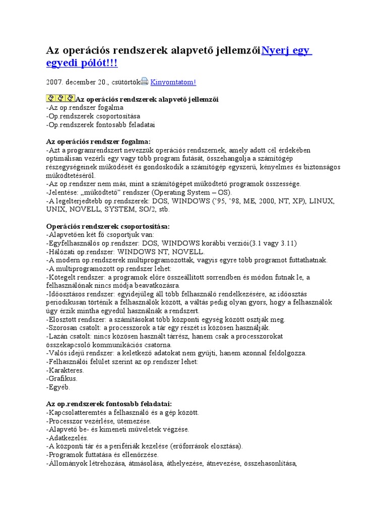 Az Operációs Rendszerek Alapvető Jellemzői | PDF
