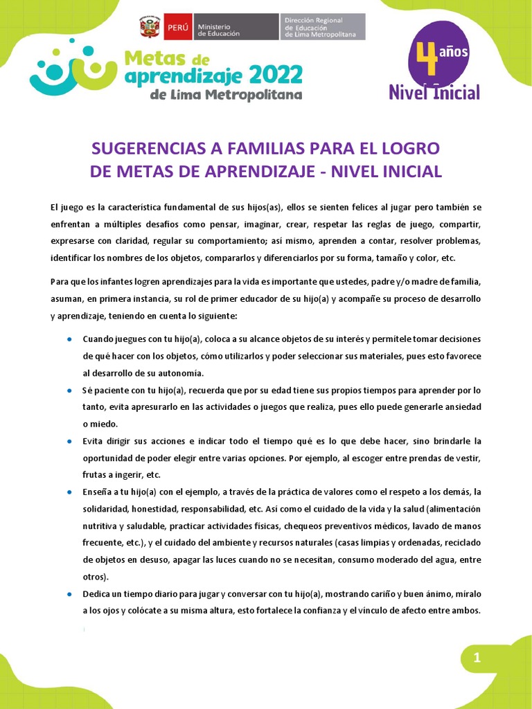 Sugerencias A Familias para El Logro de Metas de Aprendizaje - 4 Años ...